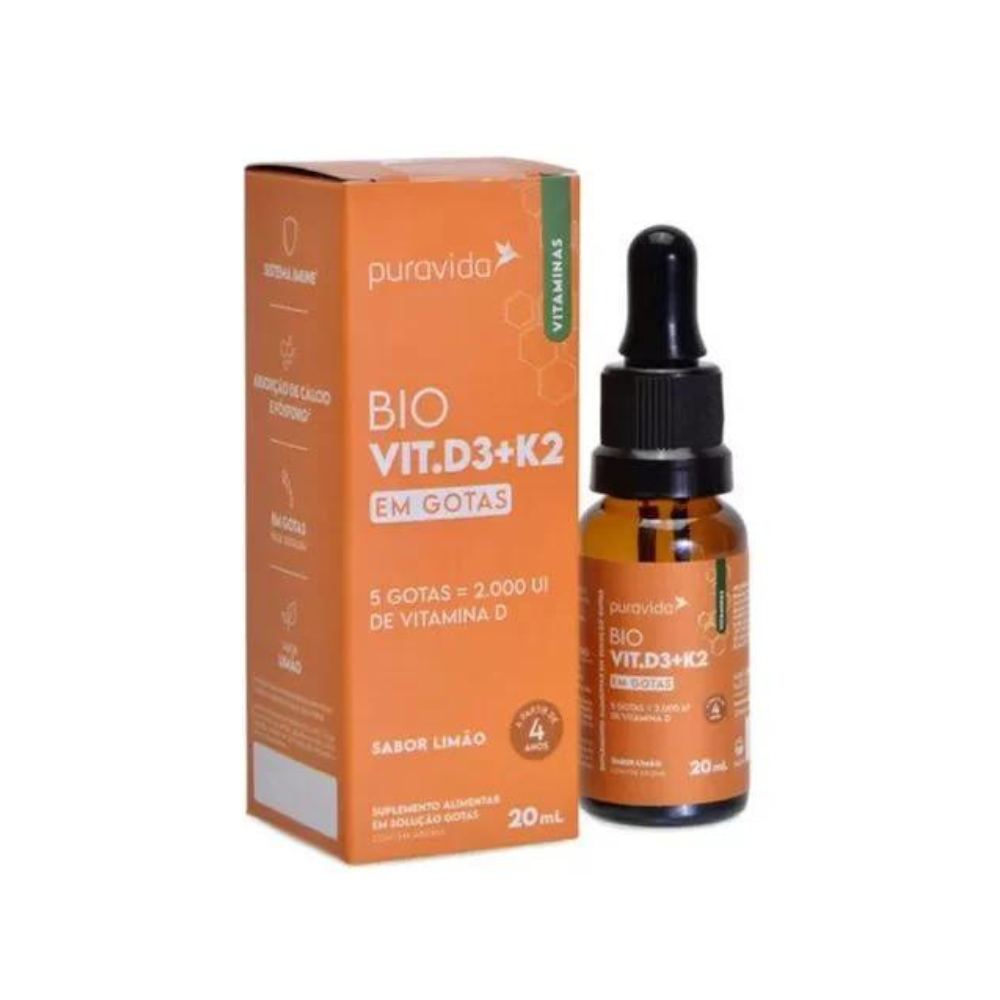 Bio Vit. D3+K2 em gotas Puravida 20ml Sabor Limão